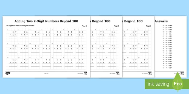 Adding Two 2 Digit Numbers Beyond 100 on Squared Paper Worksheet
