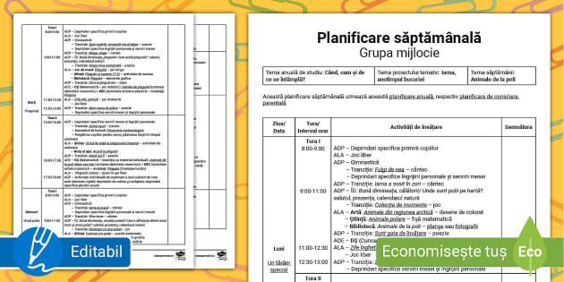 FREE! - Animale de la poli – Planificare săptămânală grupa mijlocie