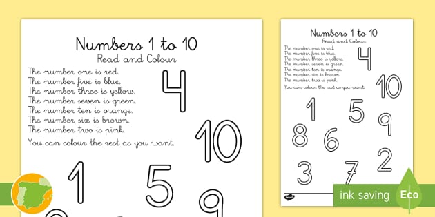 Ficha de actividad: lee y colorea los números 1-10 en inglés