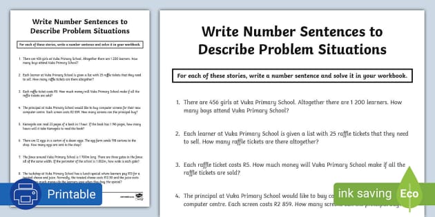 Write Number Sentences To Describe Problem Situations Activity Sheet