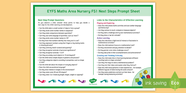 EYFS Maths Area Nursery FS1 Next Steps Prompt Poster
