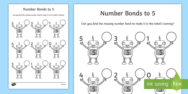 Number Bonds To 5 On Robots Activity Sheet Number Bonds 5