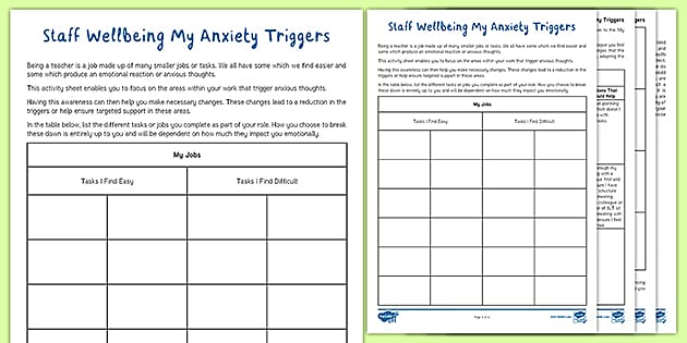 Staff Wellbeing My Anxiety Triggers (teacher made)