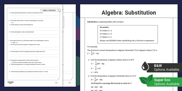Algebra Substitution Homework Sheet Teacher Made Twinkl