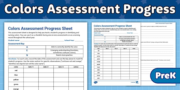 Prekindergarten Colors Assessment Progress Sheet