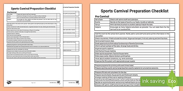 Sports Carnival Preparation Checklist (teacher made)