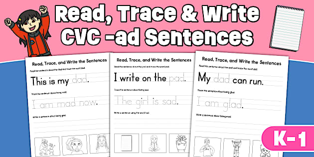 Read, Trace, and Write CVC -ad Word Family Worksheets