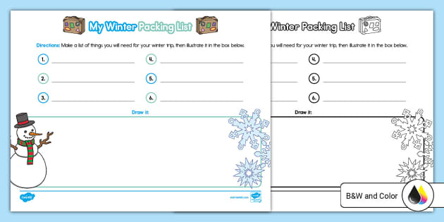 Kindergarten Winter Packing List Writing Center Worksheet