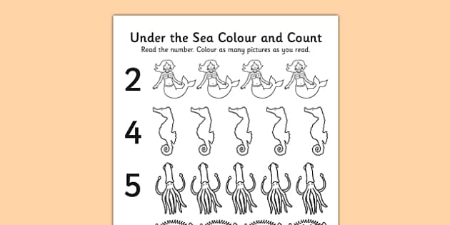 Under the Sea Themed Count and Color Sheet (Teacher-Made)