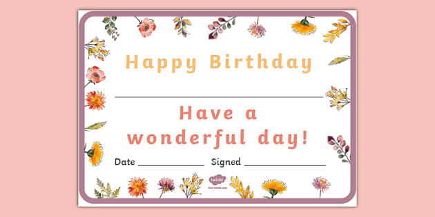 Editable Wildflower Botanical Themed Birthday Certificate