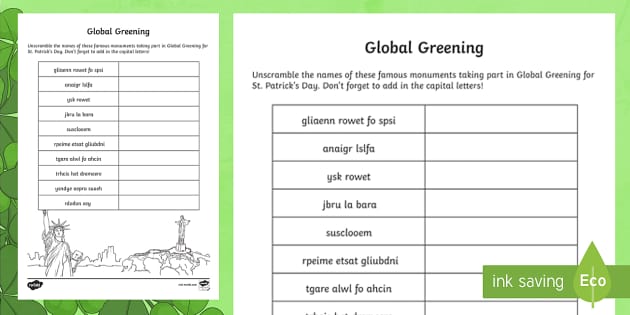 St. Patrick's Day Word Scramble Global Greening Worksheet / Worksheet