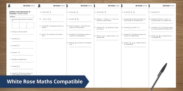 👉 Addition and Subtraction of Fractions - Review Sheets
