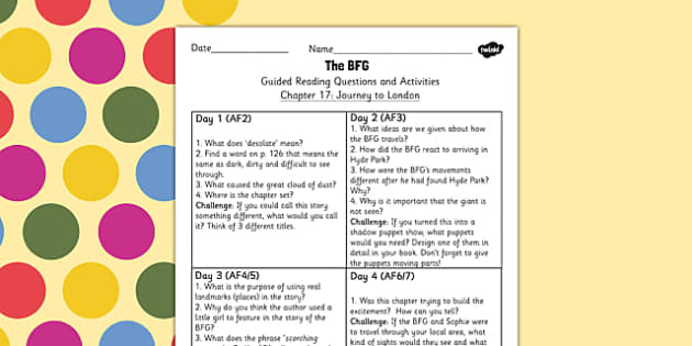 Guided Reading Questions Chapter 17 to Support Teaching on The BFG