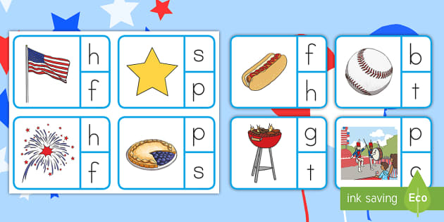 Fourth of July Beginning Sounds Clip Card Activity - Twinkl