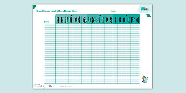 Rhino Readers Level 6 Class Record Sheet (teacher made)