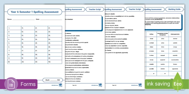 Year 6 Semester 1 Spelling Assessment (teacher made)