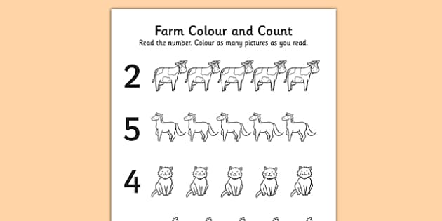 Farm Themed Count and Colour Sheet (teacher made) - Twinkl