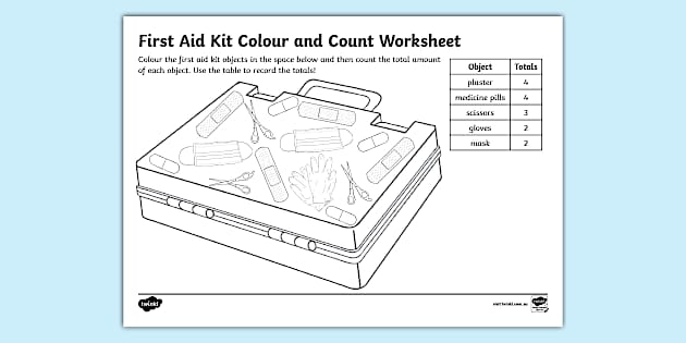 * NEW * First Aid Kit Colour and Count Worksheet - Twinkl