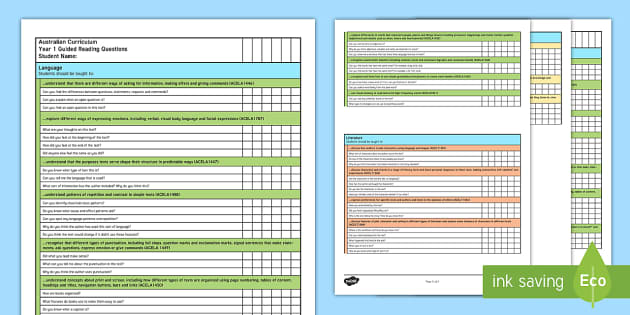 Year 1 Guided Reading Assessment Guidelines Checklist