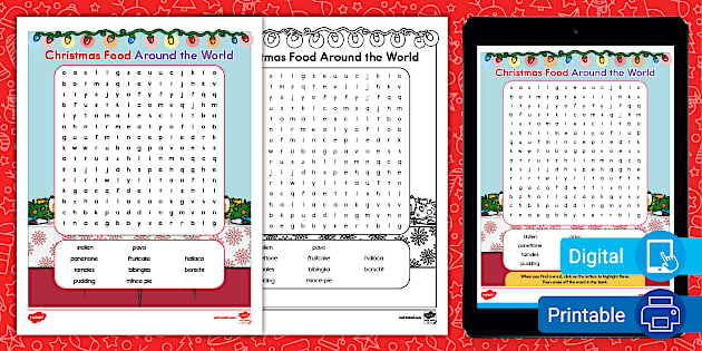 Christmas Food Around the World Word Search for K-2nd Grade