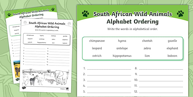 * NEW * South African Wild Animals Alphabet Ordering Worksheet