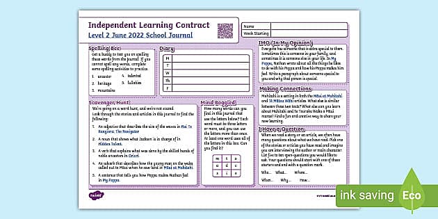 Level 2 June 2022 School Journal: Independent Learning Contract