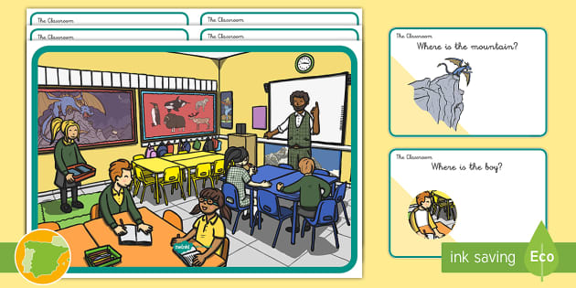 A2 Tarjetas de preguntas: Juego de preposiciones en la clase en inglés