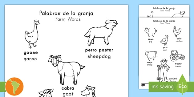 Farm Words Coloring Sheet English/Spanish (teacher made)
