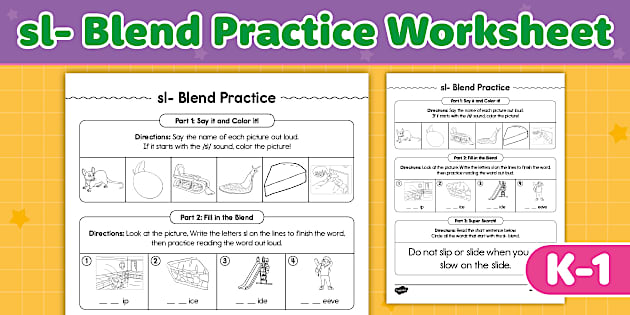 sl- Blend Practice Worksheet for K-1st Grade
