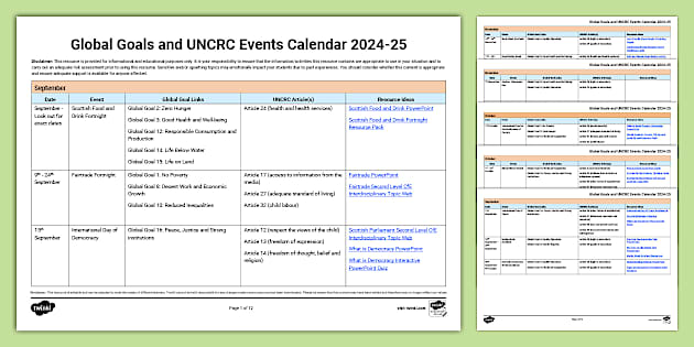 Scottish Events Calendar with Global Goals and UNCRC 2024-25