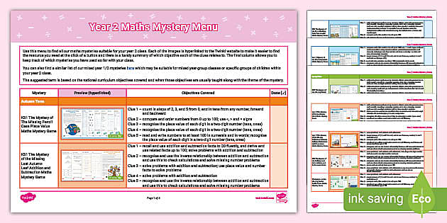 👉 Year 2 Maths Mystery Menu (Hecho por educadores)