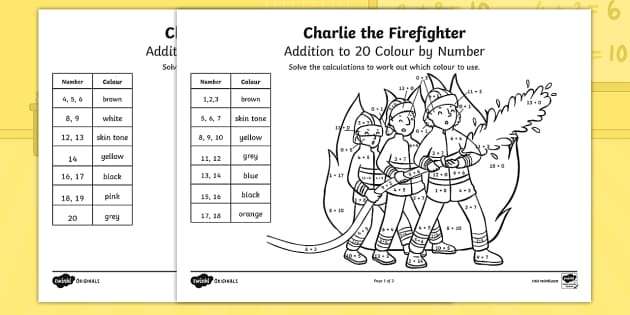 Charlie the Firefighter Addition to 20 Colour by Number