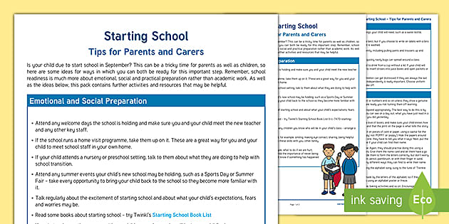 Starting School Hints and Tips Parent and Carer Information Sheet
