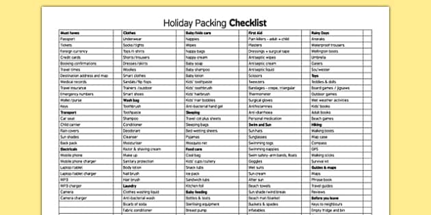 Holiday Packing Checklist - Teaching Resources - Twinkl