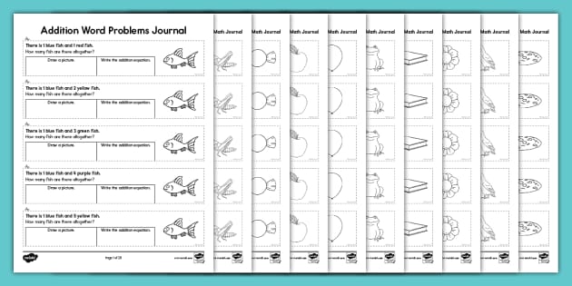 Kindergarten Addition Word Problems Journal Prompts - Twinkl