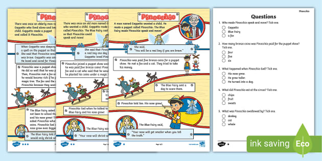 KS1 Pinocchio Differentiated Reading Comprehension Activity