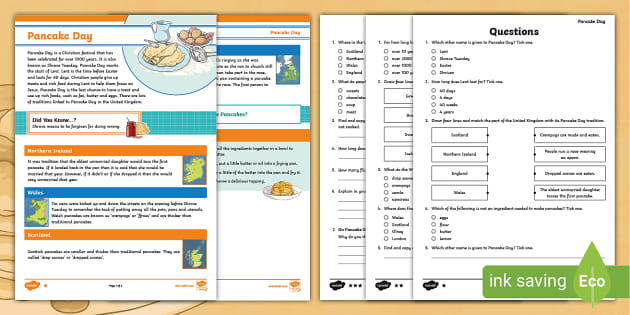 LKS2 Pancake Day Differentiated Reading Comprehension Activity