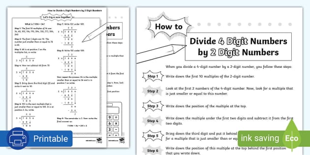 How To Divide 4 Digit Numbers By 2 Digit Numbers Activity Sheet