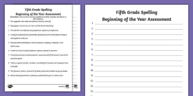 Fifth Grade Beginning of the Year ELA Spelling Assessment
