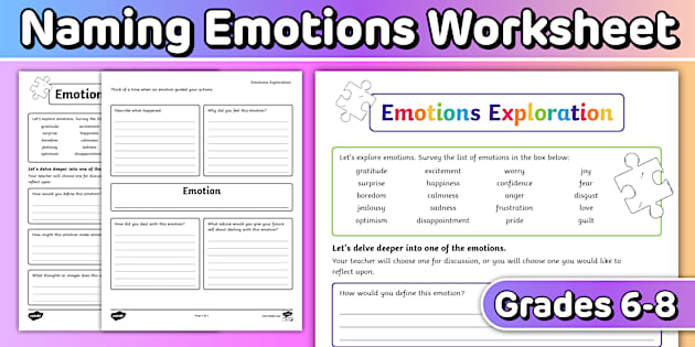 Emotions Exploration Social Emotional Learning Worksheet 6-8