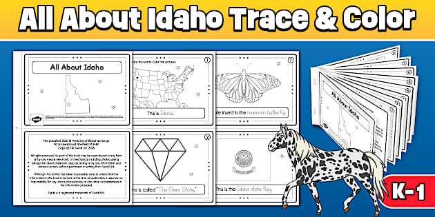 All About Idaho Trace and Color Printable Book for K-1st Grade