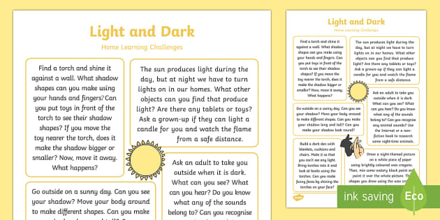 EYFS Light and Dark Home Learning Challenges Reception FS2