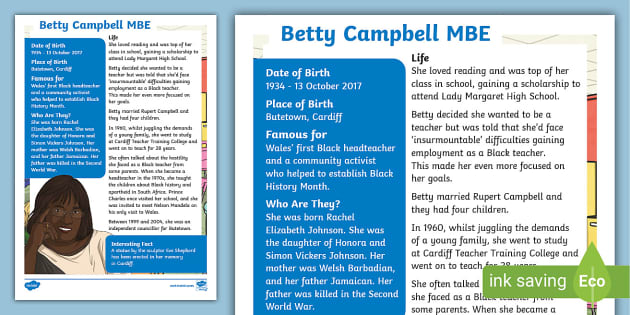 Betty Campbell Fact File (teacher made) - Twinkl