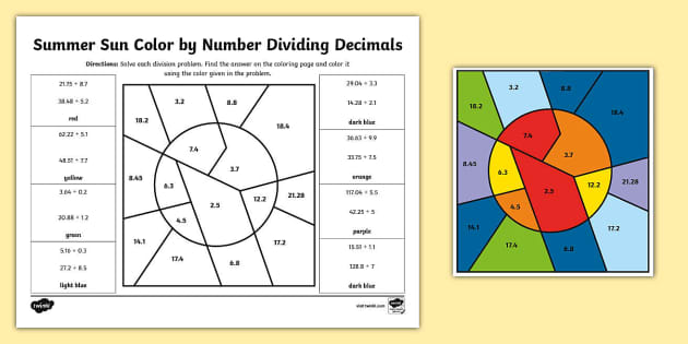 Sixth Grade Summer Sun Color by Number Dividing Decimals Activity