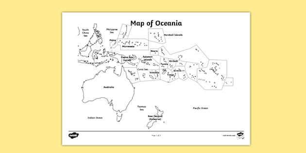 Oceania Map With and Without Names Worksheets - Twinkl