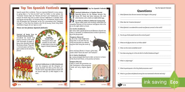 Top Ten Spanish Festivals Differentiated Reading Comprehension Activity