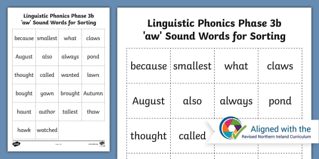 Northern Ireland Linguistic Phonics 3b 'aw' Sound Words for Sorting Sheet