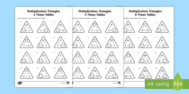 3, 4 and 8 Multiplication Tables Worksheet