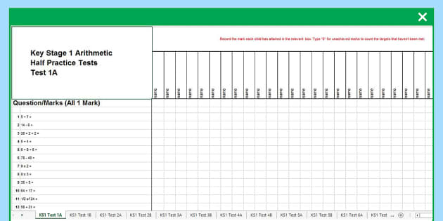 Keystage 1 Arithmetic Half Practice Tests Assessment Spreadsheet - Key ...