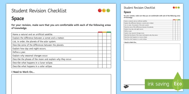 Space Student Revision Checklist (Hecho por educadores)